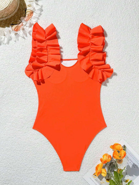 Swim Chicsea Women Fashionable Solid Color One-Piece Swimwear With Flo ...